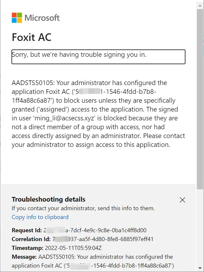 Troubleshoot Azure AD SSO login Error "AADSTS50105"